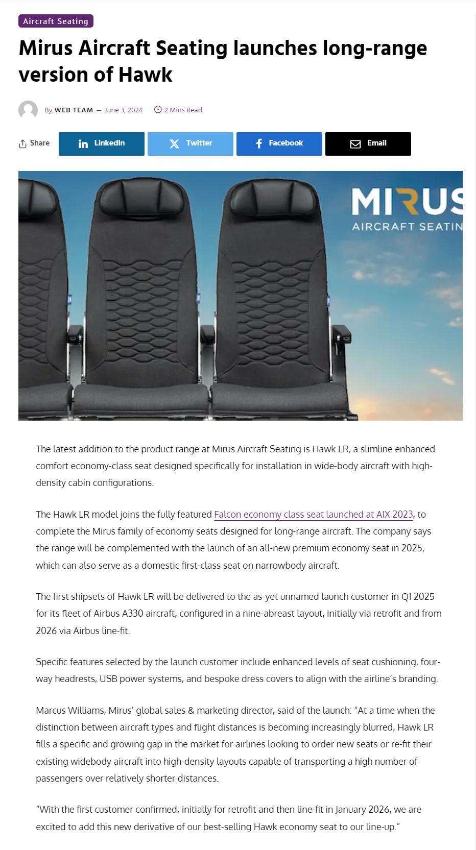 Hawk LR | Aircraft Interiors International – Mirus