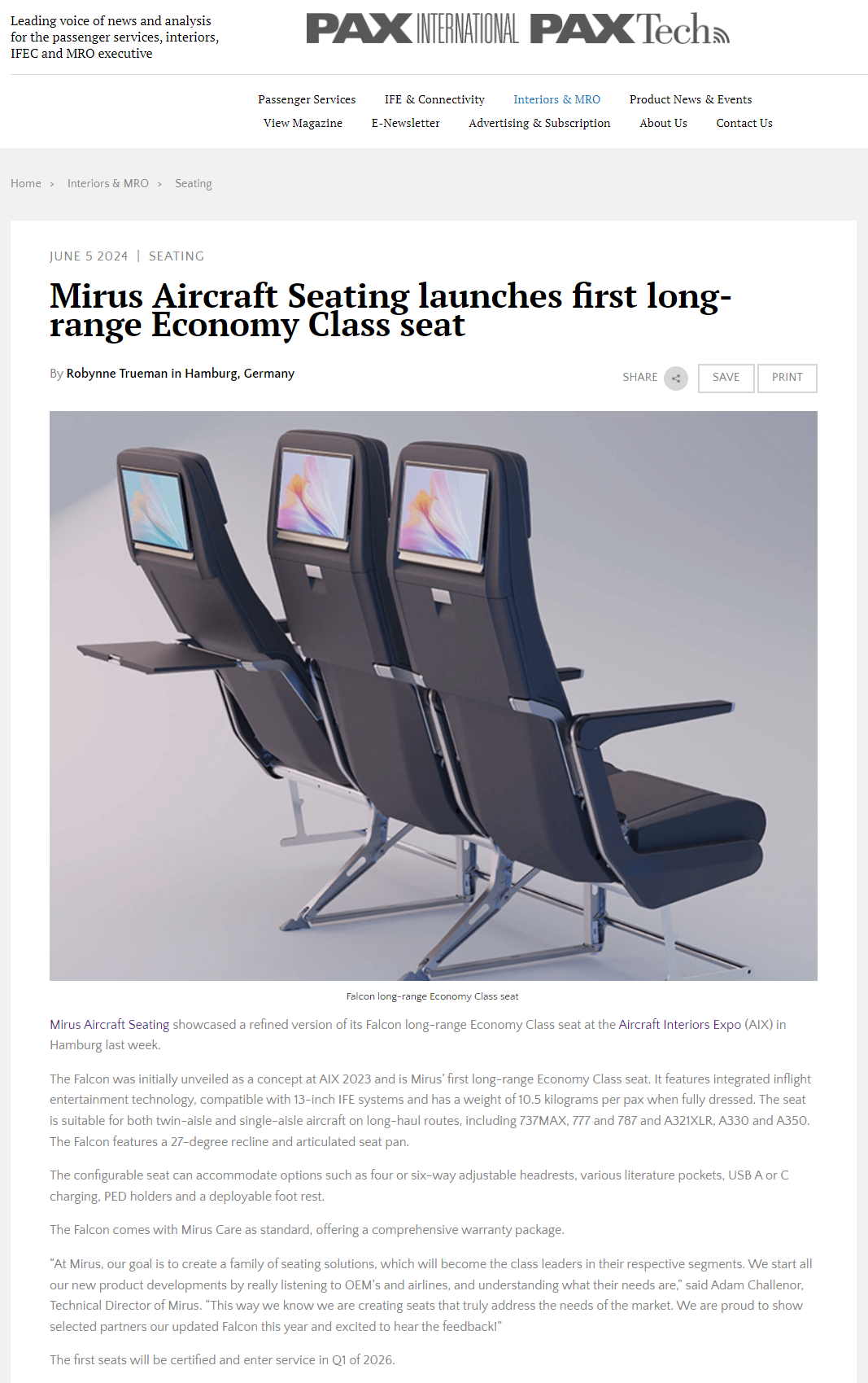 Falcon long-range economy class seat | Pax International – Mirus